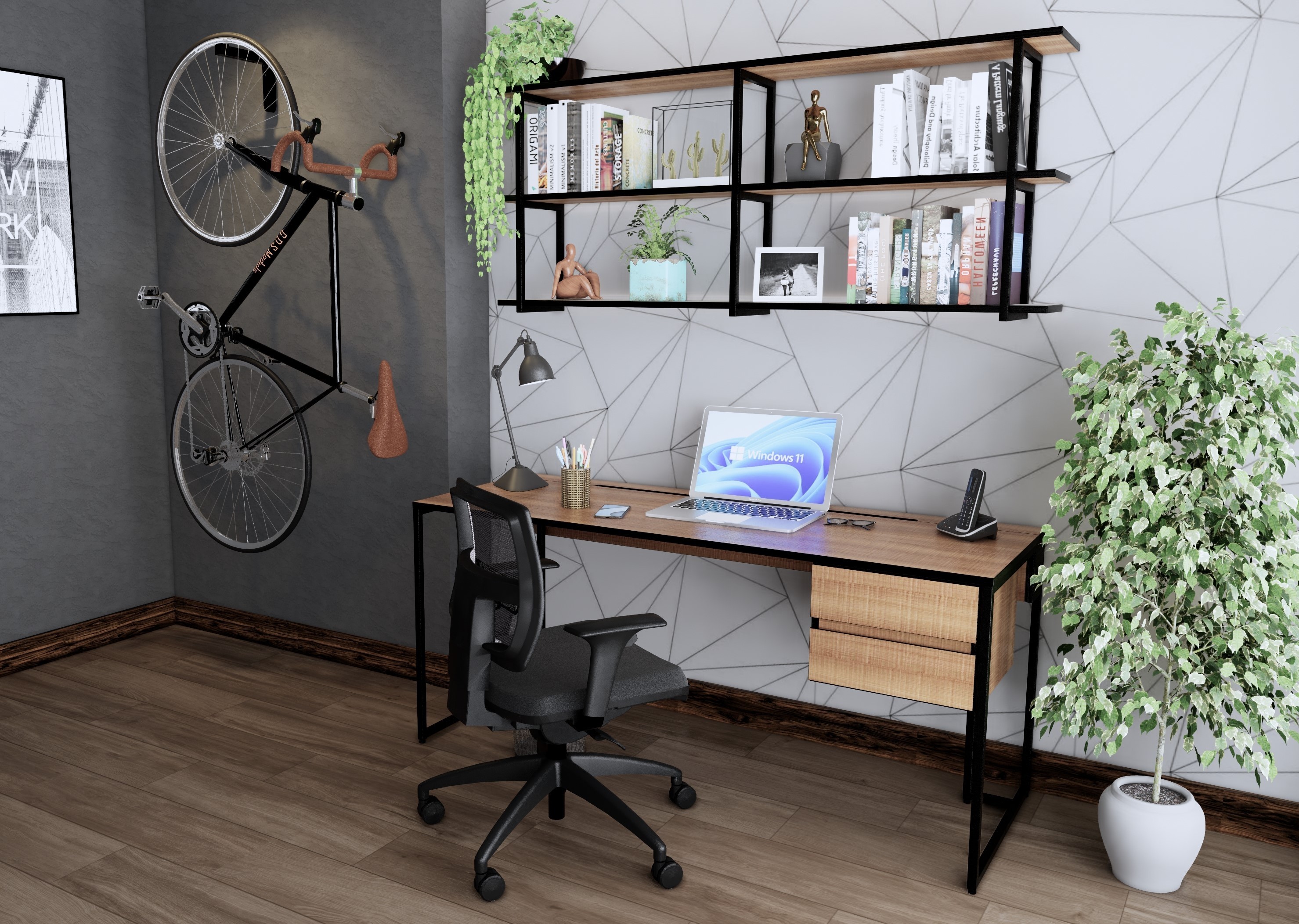 Mesa Reta Design Industrial Connect com Gaveteiro 2 Gavetas Padrão 18 mm